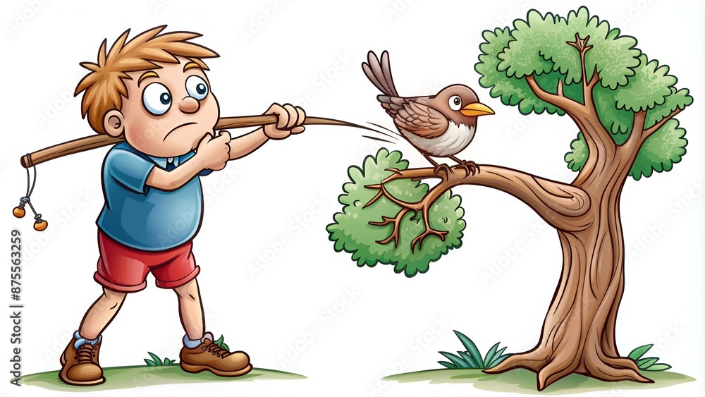 Cartoon bully aimed a slingshot at a live bird on a tree branch. Vector ...