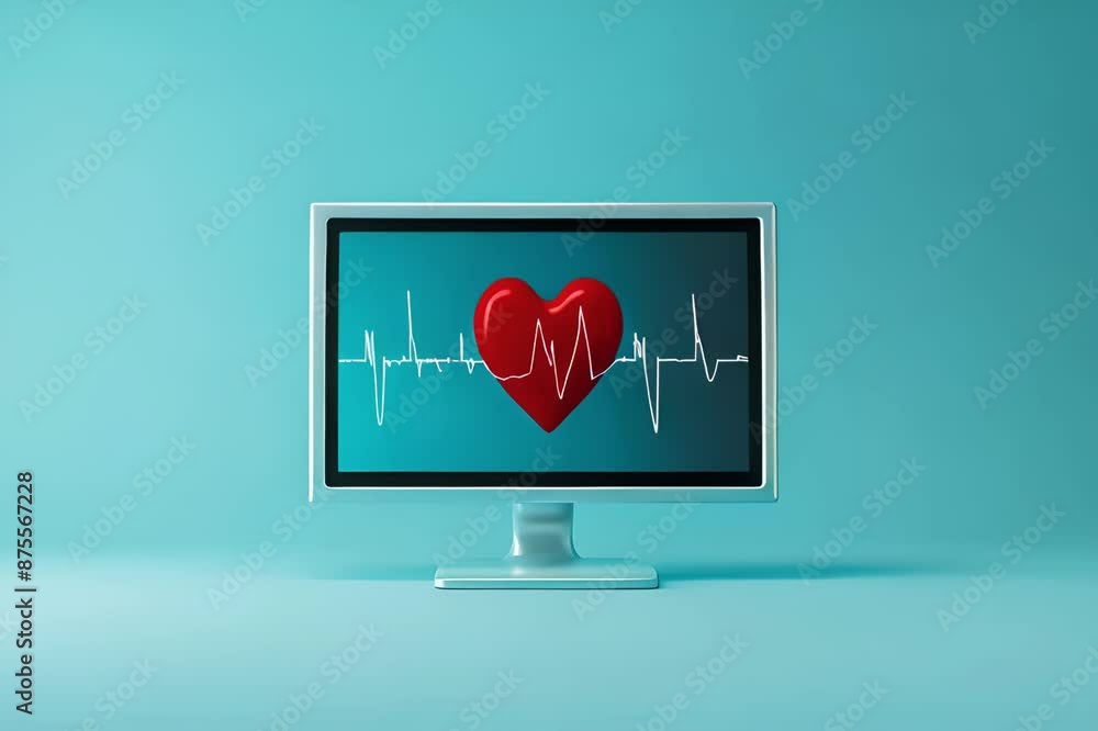 Computer monitor displaying a heart symbol and EKG line on a blue ...