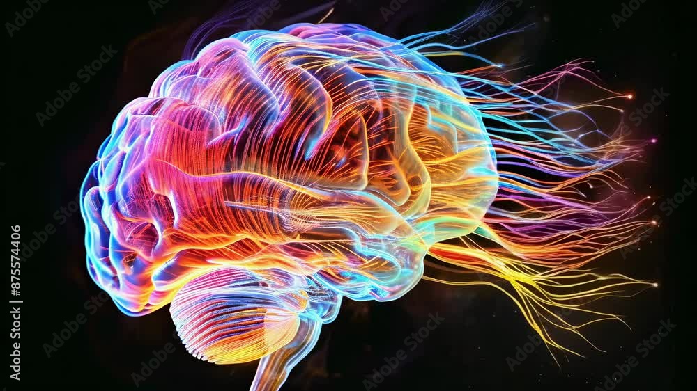 A vibrant, digital artwork depicting a human brain with colorful ...