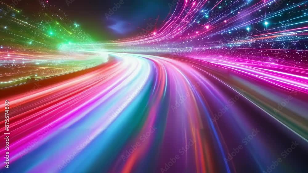 Bright, colorful light trails against a dark night sky, creating a ...