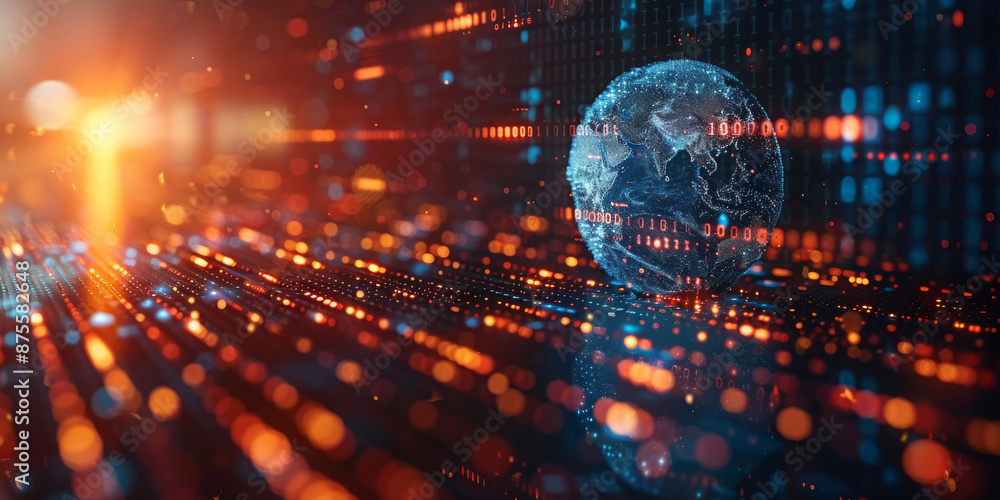 Global cyber security concept with digital closed pad lock, earth planet globe and binary code ...