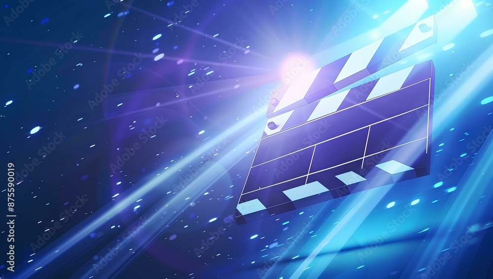 Cinema festival banner with clapperboard and light beams on a blue ...