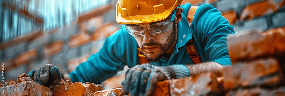 Bricklayer in Blue Overalls Building Red Bricks on Office Skyscraper ...