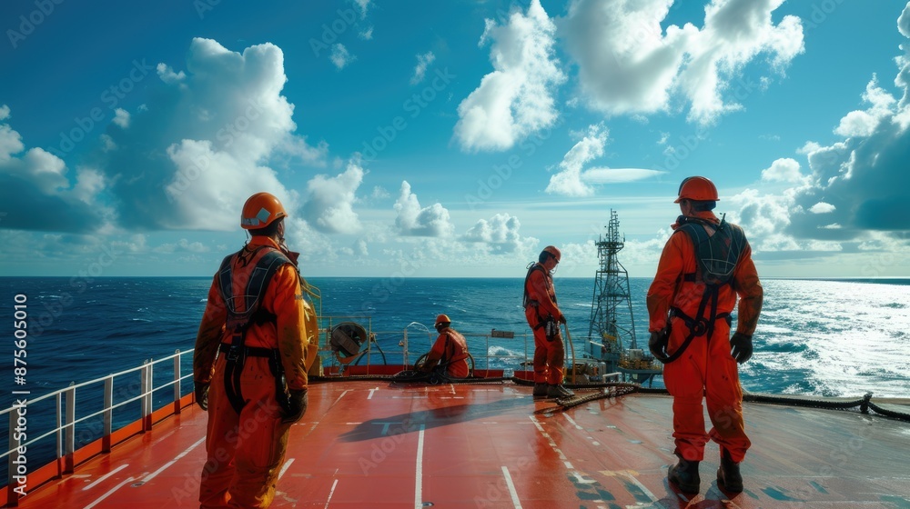 Oil workers, wearing helmets and personal protective equipment, stand ...