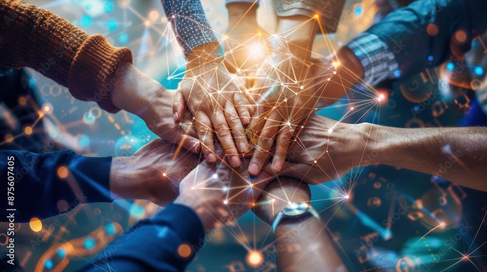 Diverse group of people joining hands together over glowing network ...