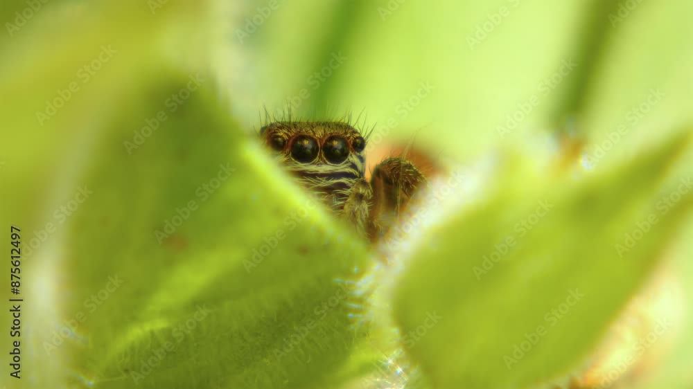 Jumping spider moves its pedipalps, crawling on leaf and looking around ...