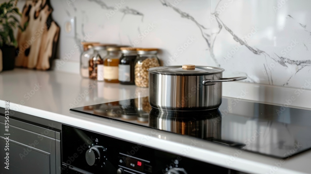 Black induction stove is on a white countertop with a marble backsplash ...