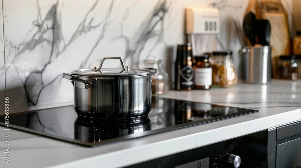 Black induction stove is on a white countertop with a marble backsplash ...