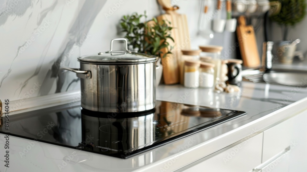 Black induction stove is on a white countertop with a marble backsplash ...