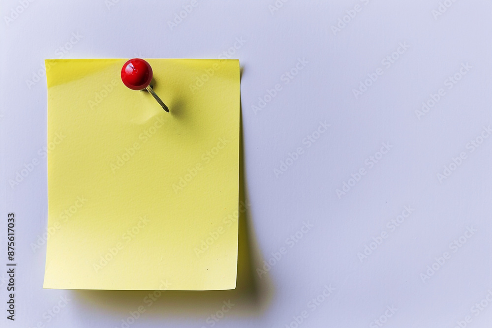 one yellow sticky note with a red push pin isolated on a white ...