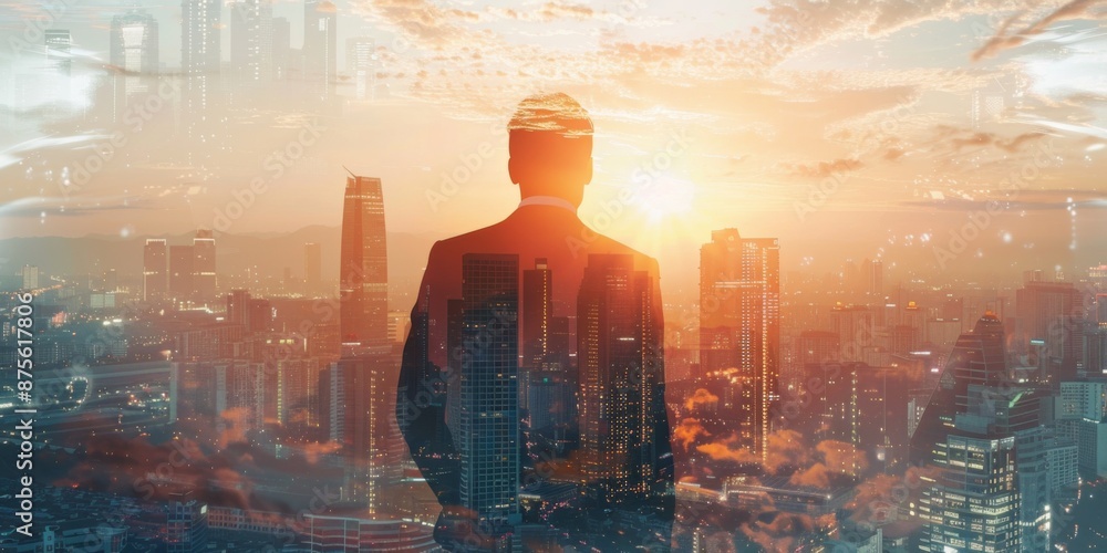 Abstract sunset silhouette, double exposure image of businessman ...