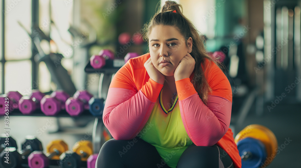 Photograph of a mildly overweight beautiful woman, in gym, wearing ...