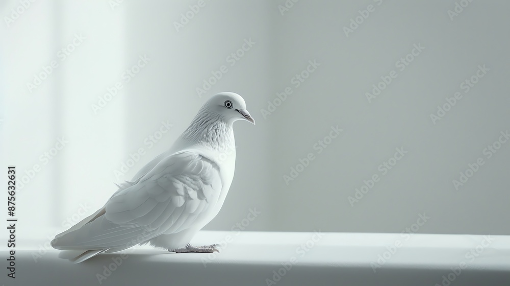 A beautiful white dove sits on a perch in front of a soft, out-of-focus ...