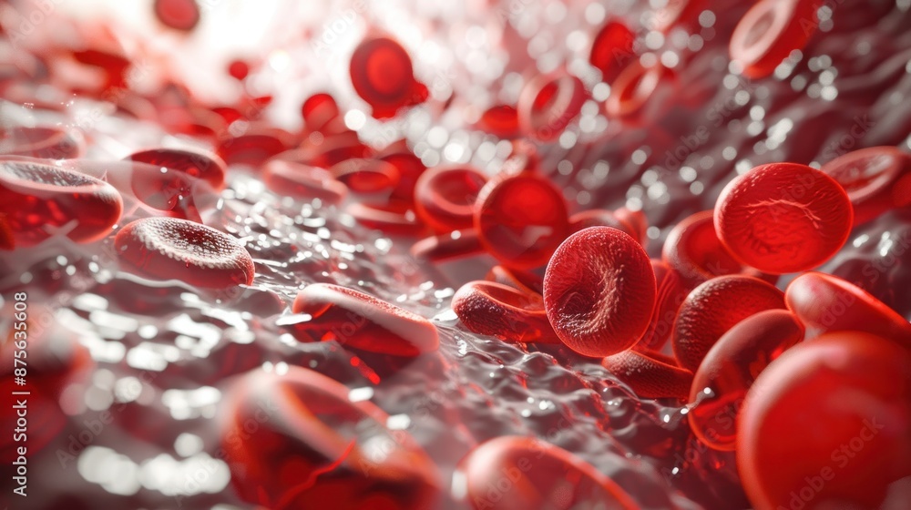 A scientific illustration of red blood cells flowing through a ...