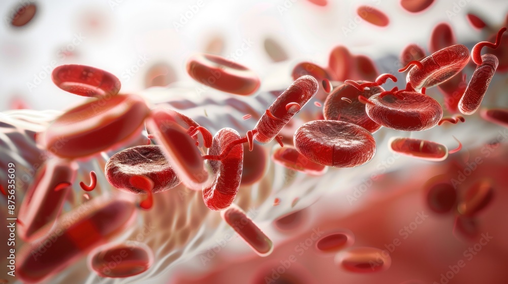 A scientific illustration of red blood cells flowing through a ...