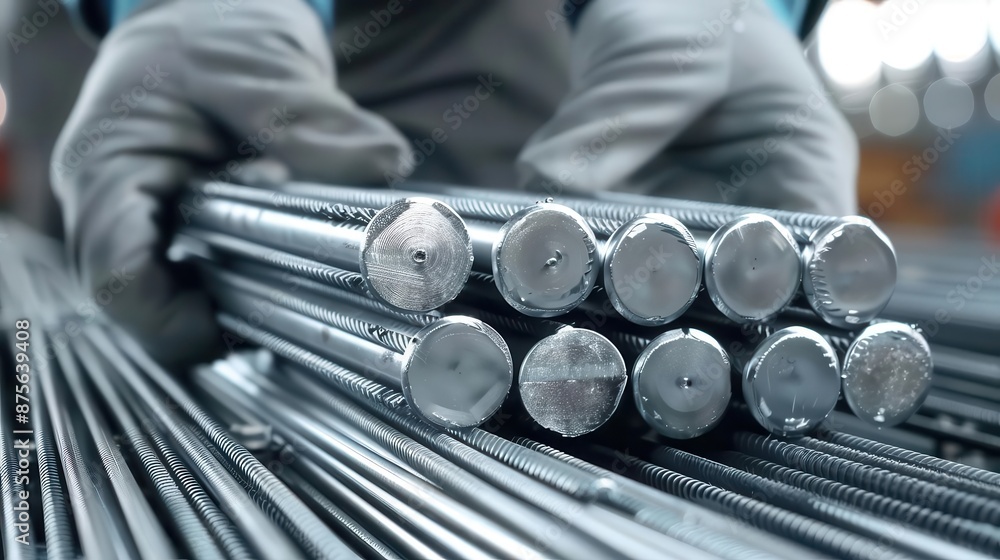 Steel reinforcements being inspected by an engineer, steel ...