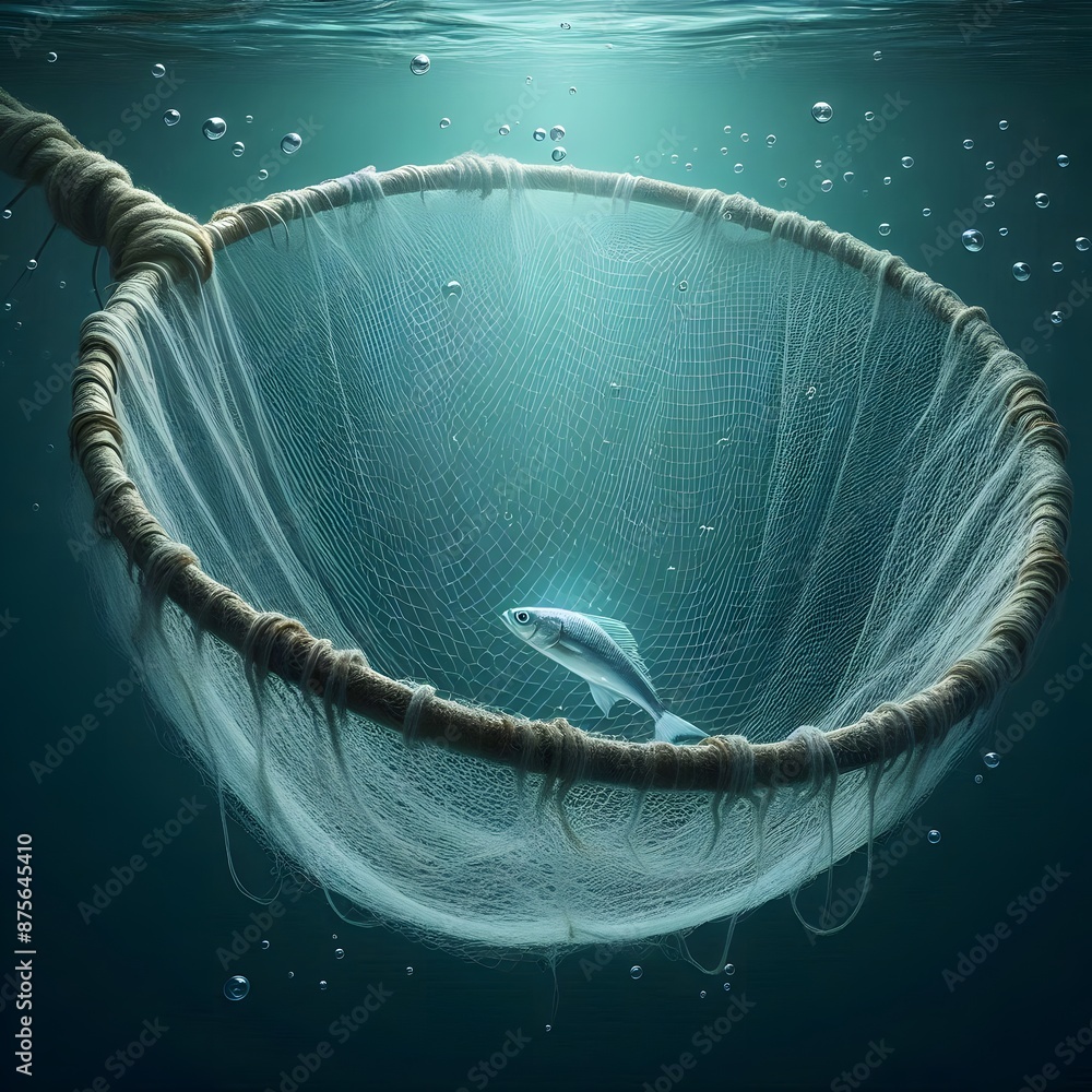 Overfishing: An empty fishing net with a single fish, highlighting the ...