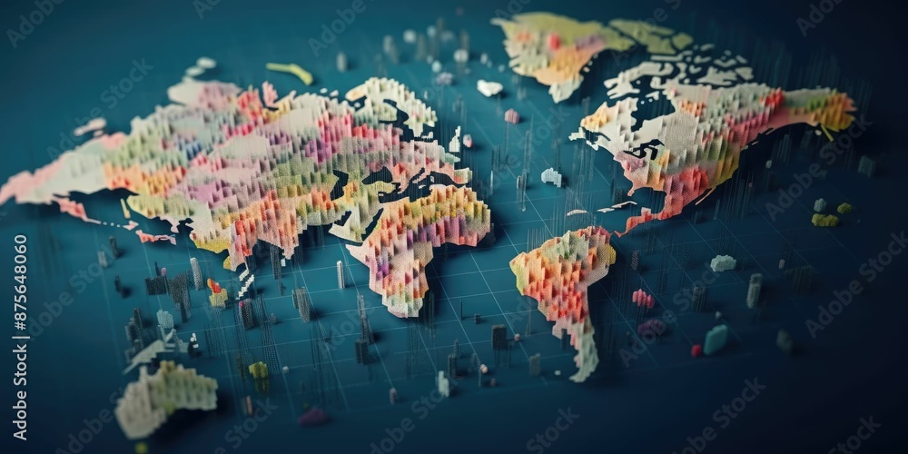 Highly detailed 3D world map with city building representations and ...