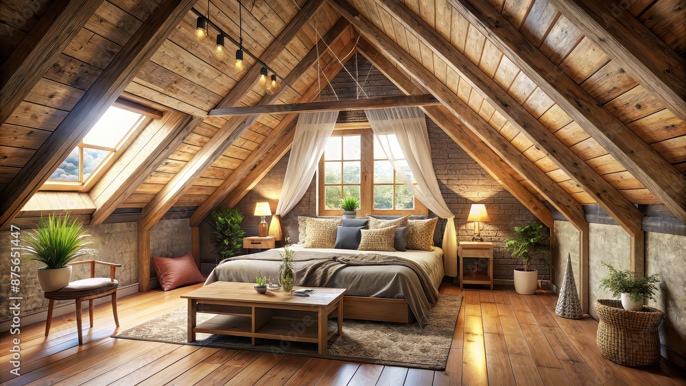 Cozy attic loft transformed into a rustic bedroom retreat with canopy ...