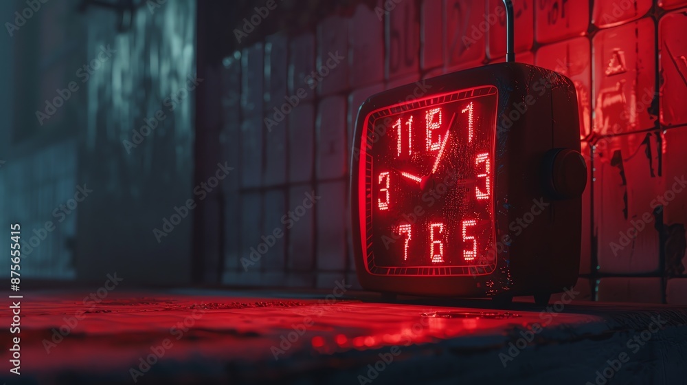 A retro red digital clock is sitting on a wet counter in a dark room ...