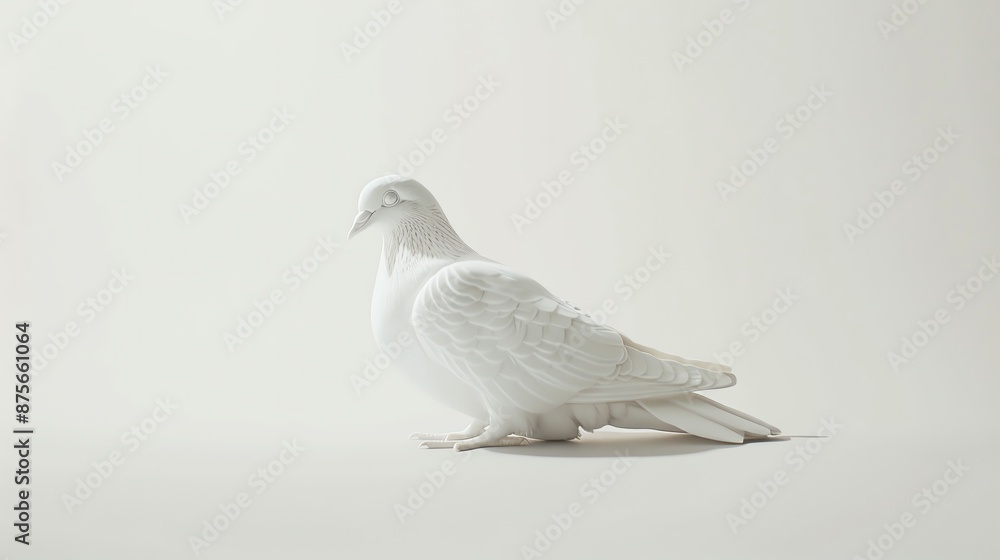A beautiful white dove sits on a white background. The dove is facing ...