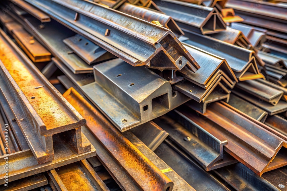 Close-up of assorted sheet metal profiles and beams in a pile ...