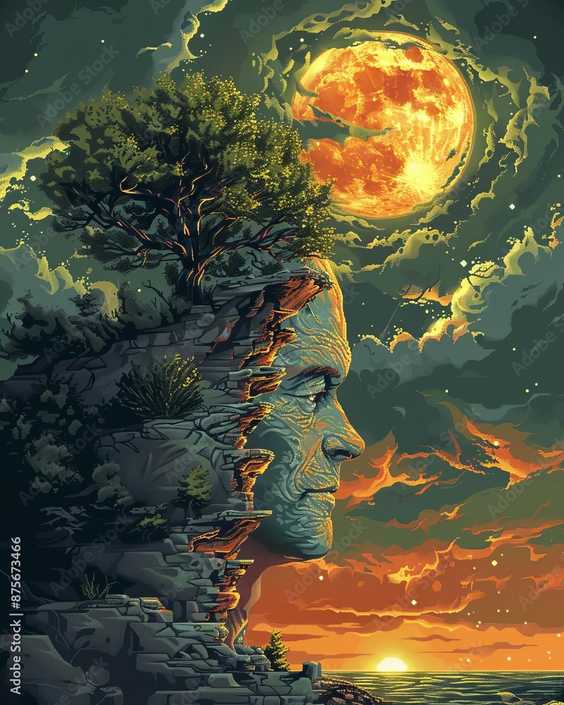Surreal landscape of a cliff shaped like a face with a tree on top ...