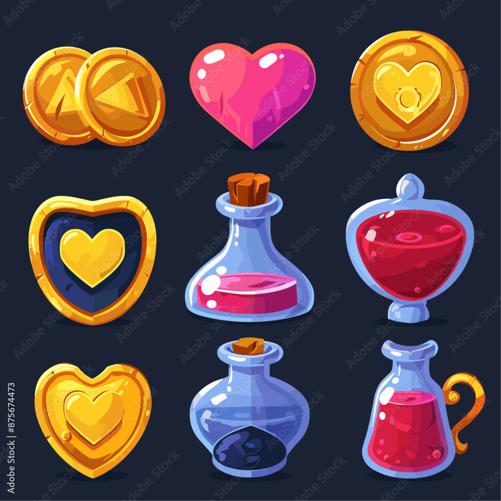 Game UI assets. heart, potion and coin icons for mobile app or game ...