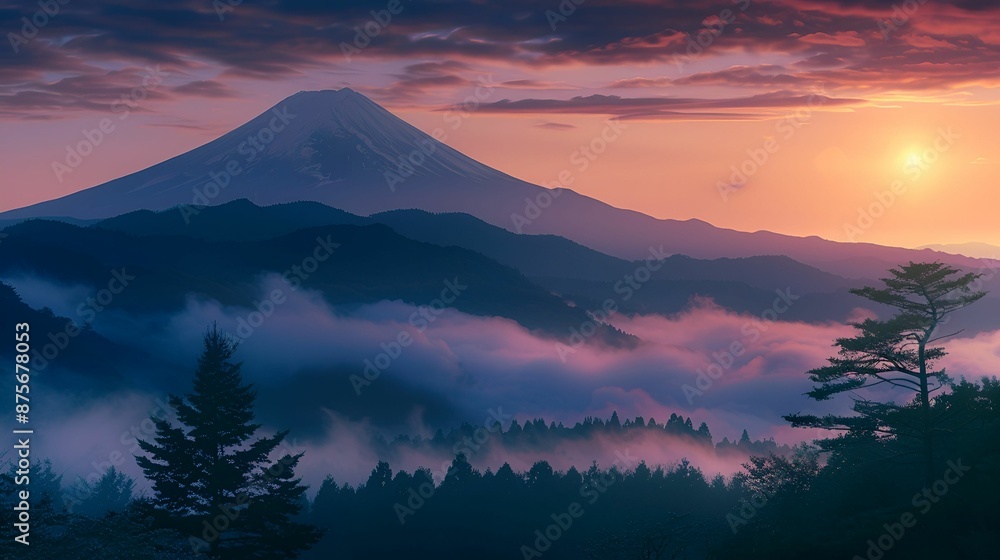 A stunning sunset over Mount Fuji with a sea of clouds below ...