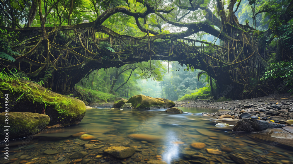Living Roots in India, a natural bridge formed from interwoven tree ...