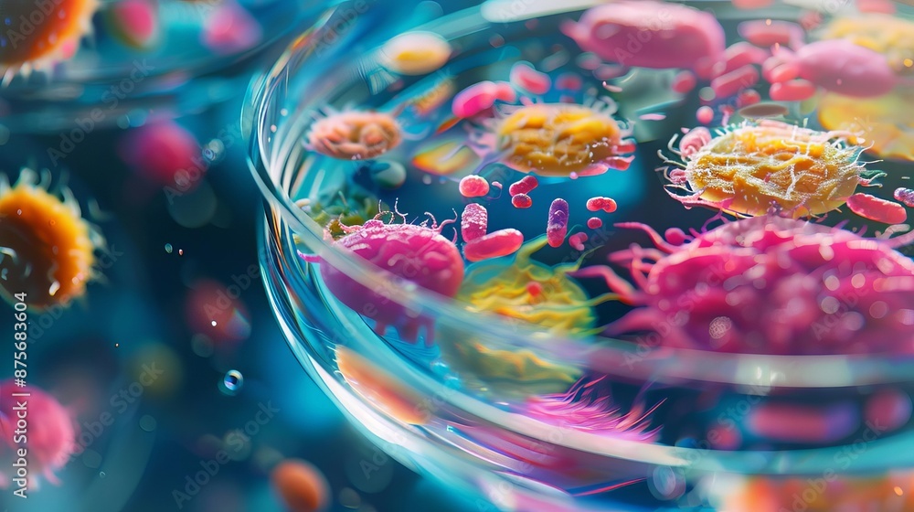 Colorful microscopic bacteria and microorganisms in a petri dish ...