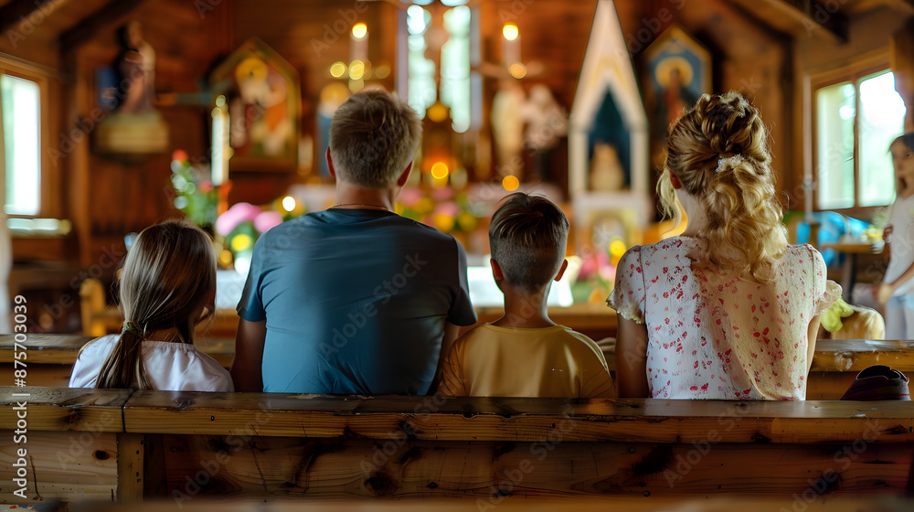 A family of four sits together in a church pew, facing the altar and ...