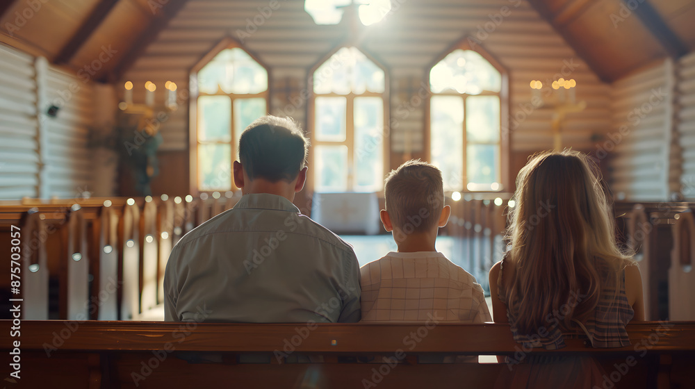 A family sits quietly in a church pew, gazing at the altar in a serene ...