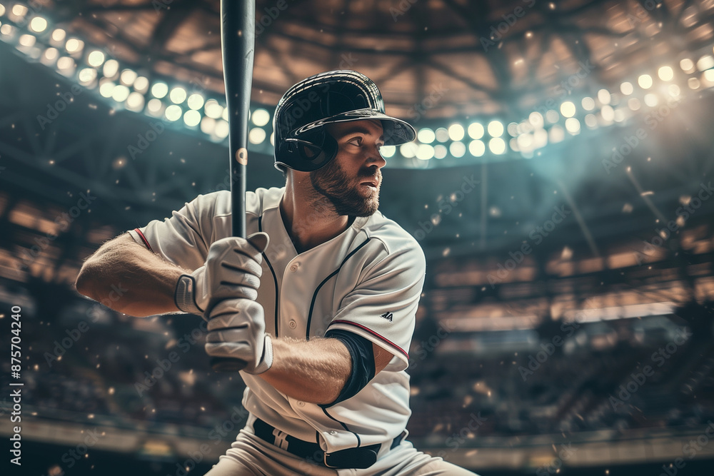 baseball player is holding a bat and wearing a helmet. The image has a ...