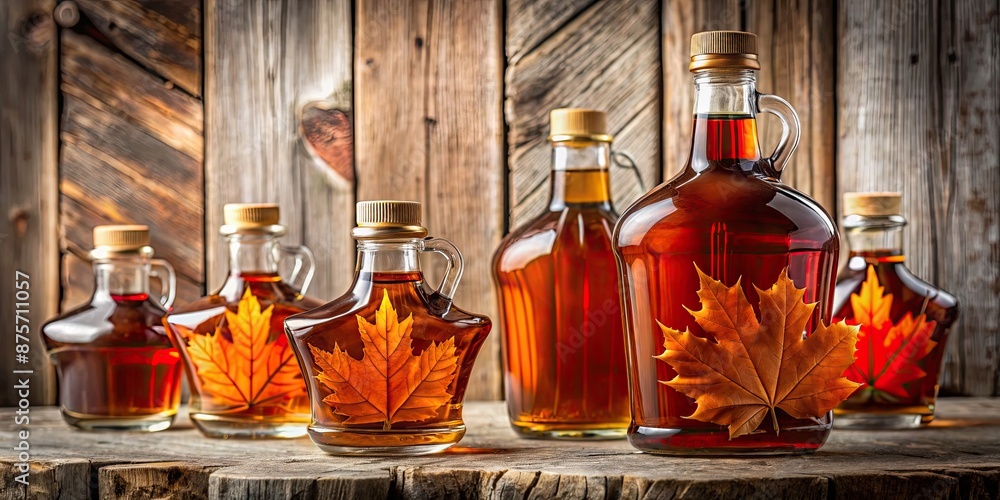 Authentic Canadian maple syrup bottles displayed on a rustic wooden ...