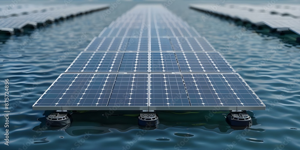 Floating solar park with panels in water harnessing renewable energy. Concept Renewable Energy ...