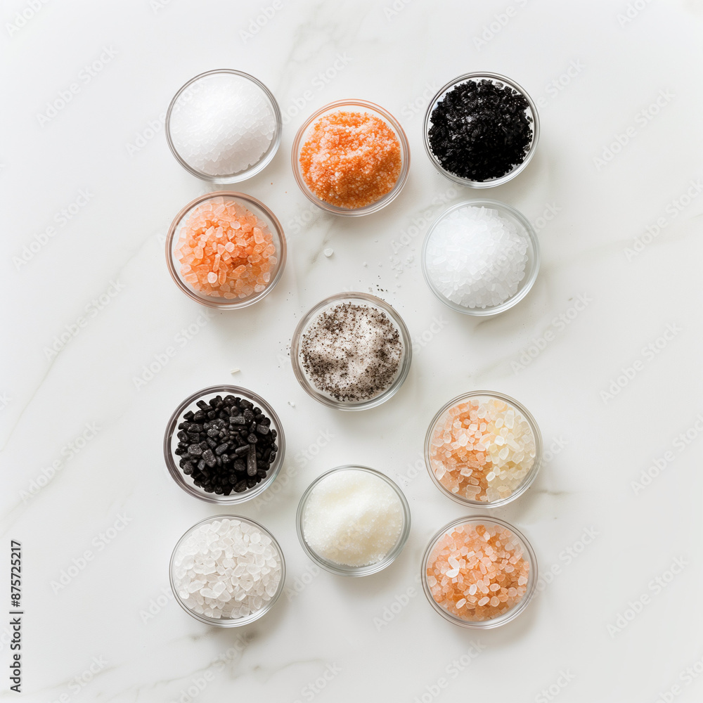 Aesthetic arrangement of Himalayan pink salt, sea salt, kosher salt ...
