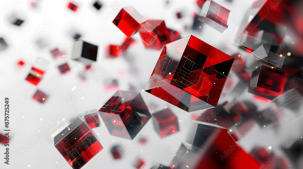 Abstract 3D image of red and transparent cubes floating in space ...