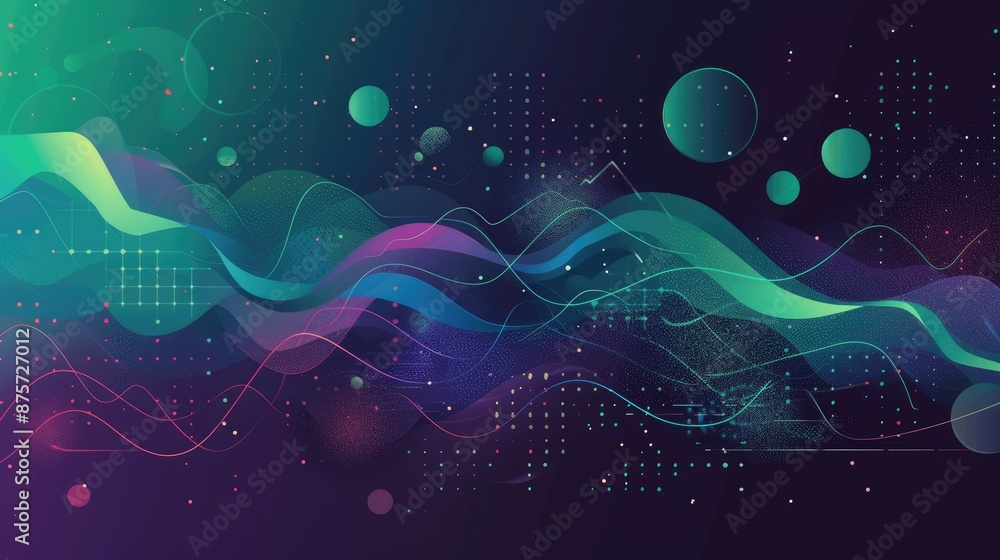 Modern abstract depiction of data science with green and violet shapes ...