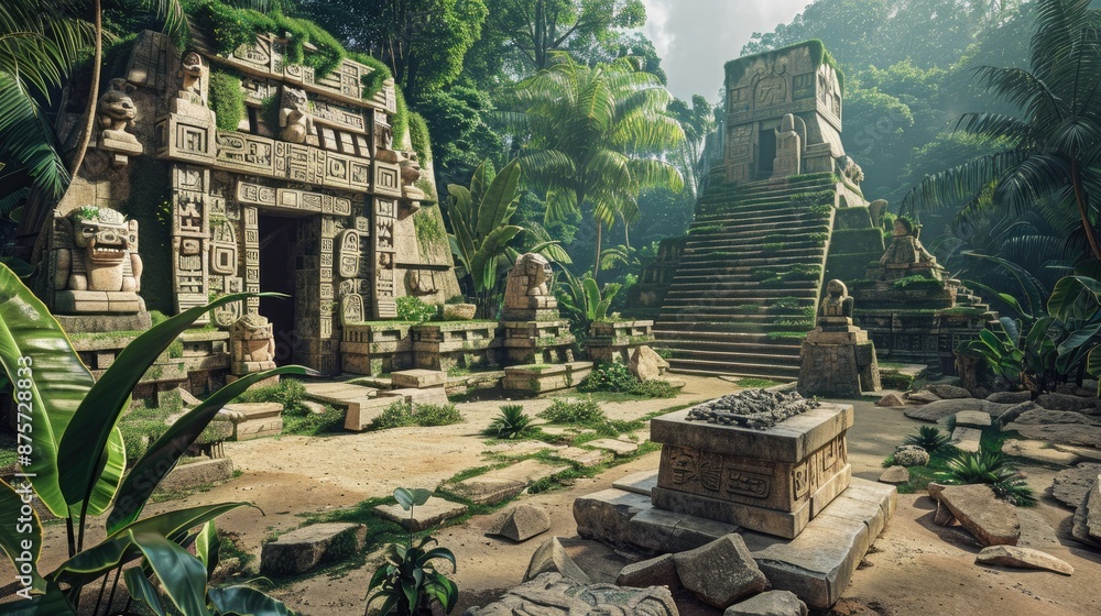 An ancient Aztec pyramid temple complex with stone carvings and ...