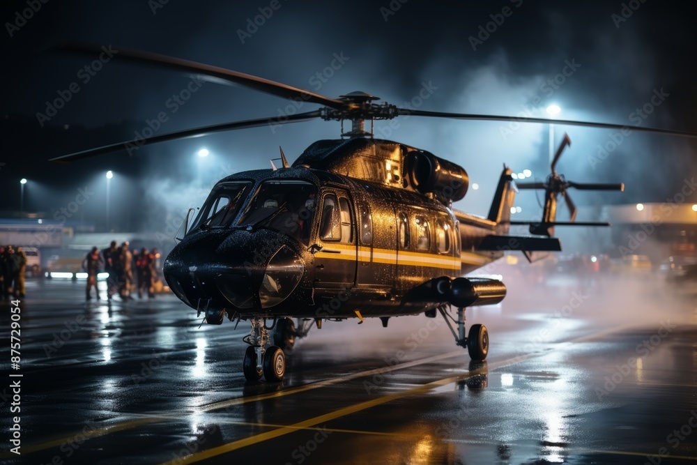 Fire brigade employs water hose to extinguish a burning helicopter at ...