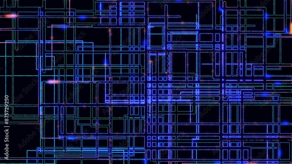 Animation of electronic subway map neon lines move along a given route ...