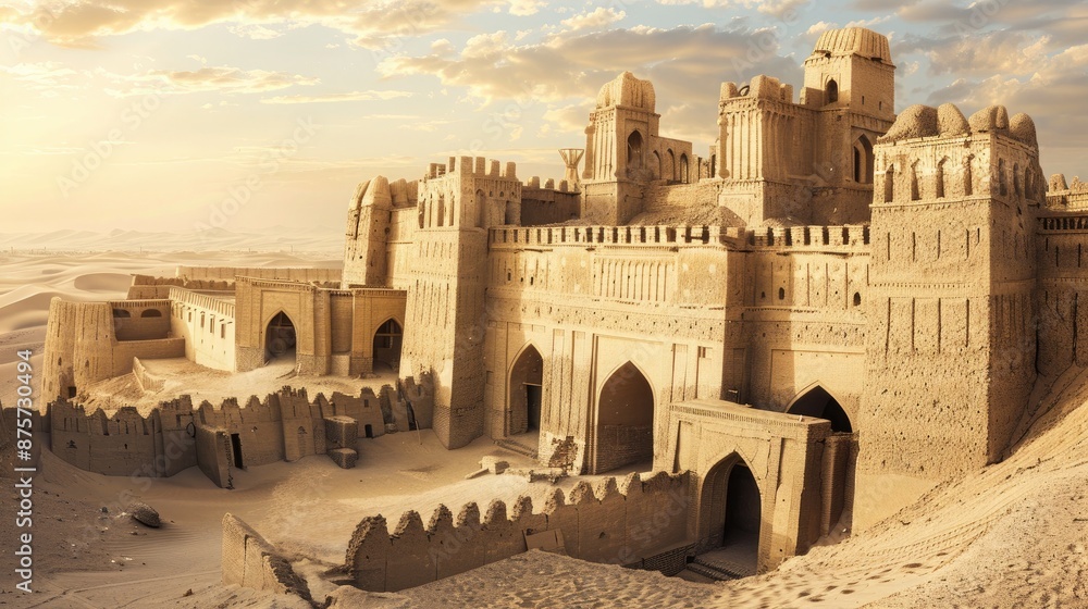 An ancient Persian citadel with towering mud-brick walls and arched gateways, set against a ...