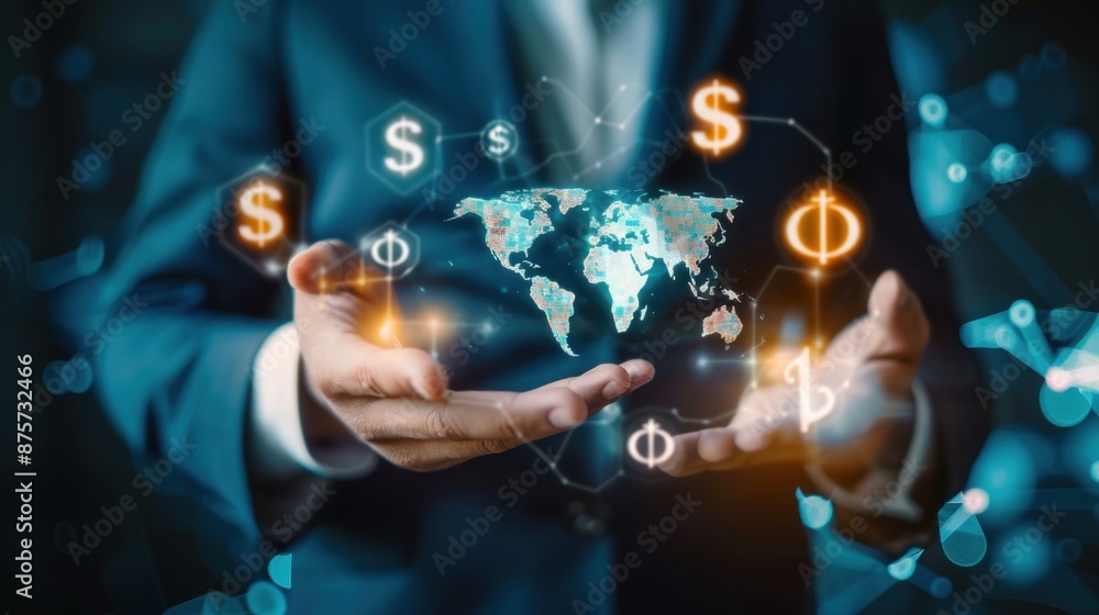 Global currency exchange concept, Businessman holding virtual world map ...