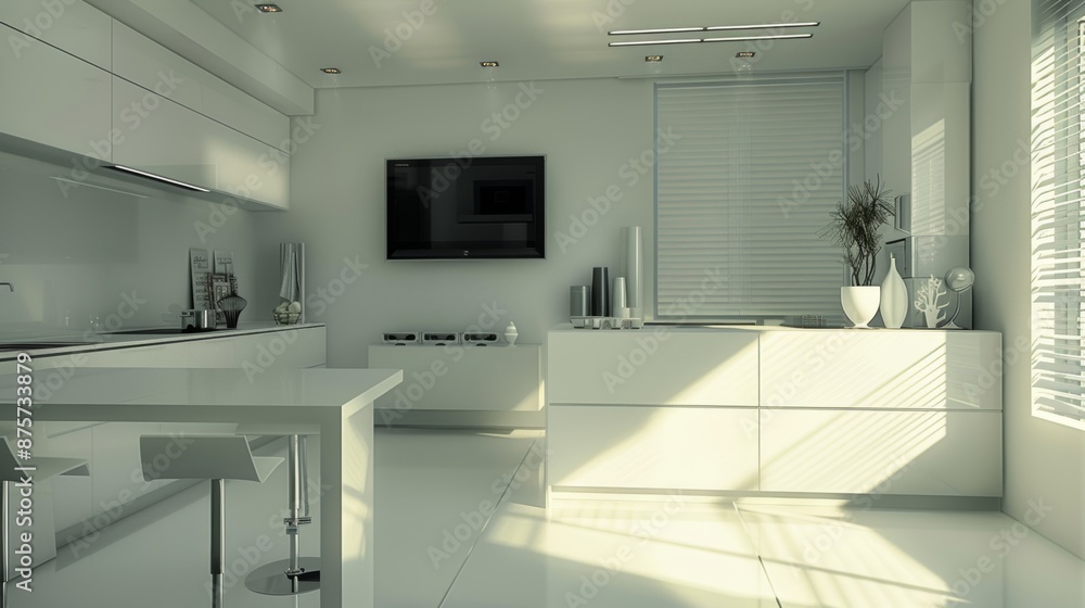 Ultra-modern white kitchen with minimal furnishings and a hidden flat ...
