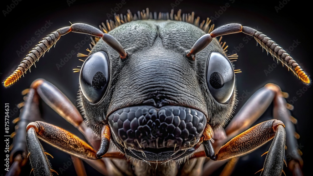 Microscopic view of a black ant's facial features, showcasing intricate ...