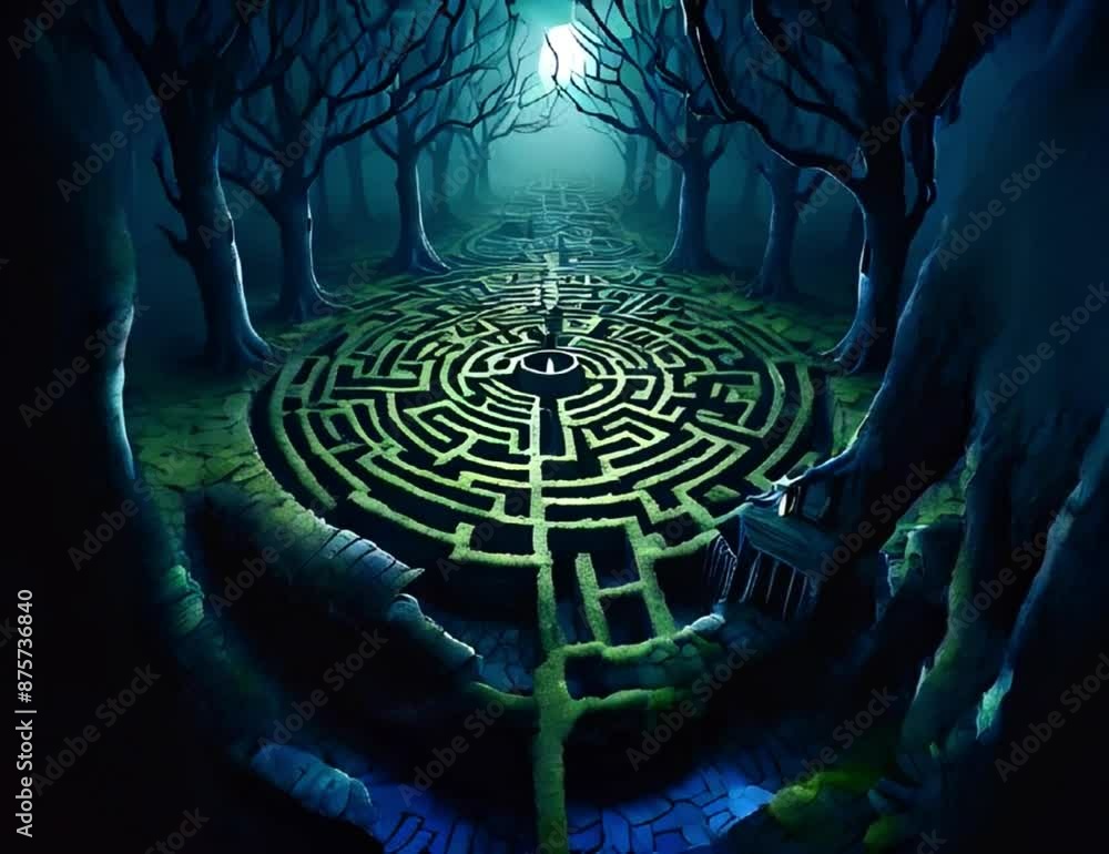 Person in labyrinth in a mysterious and horrific jungle, a maze in the ...