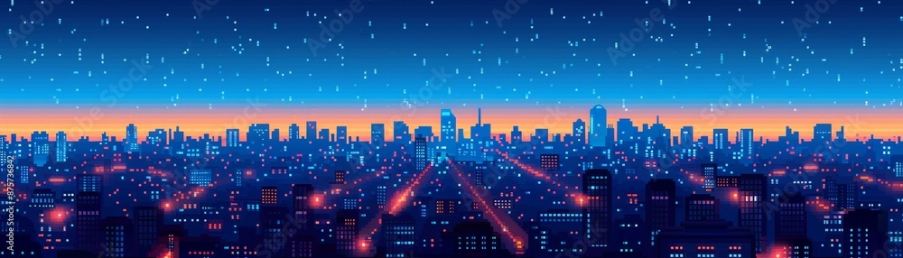 Pixelated rooftop view of a city with twinkling lights, pixel art, dark ...