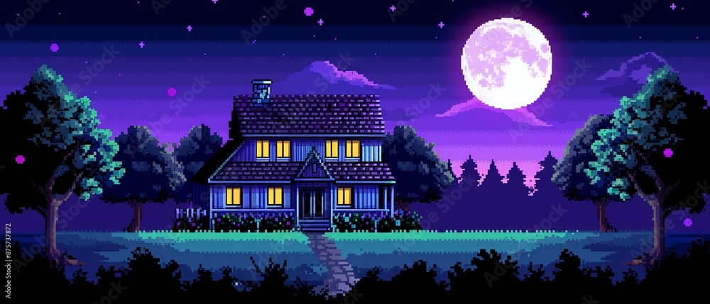Pixelated haunted house with spooky decorations, pixel art, dark purple ...
