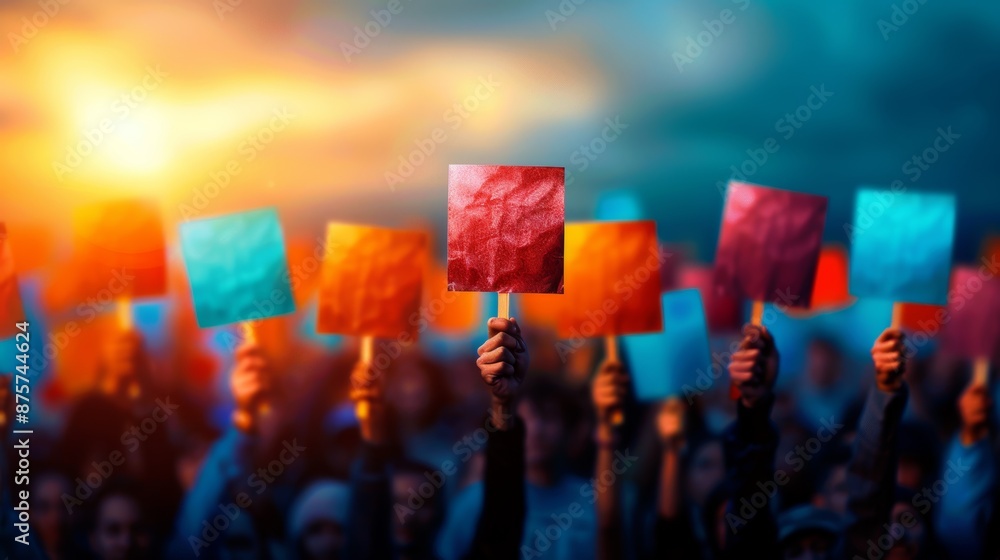A crowd of people holding up signs with a red square in the middle ...